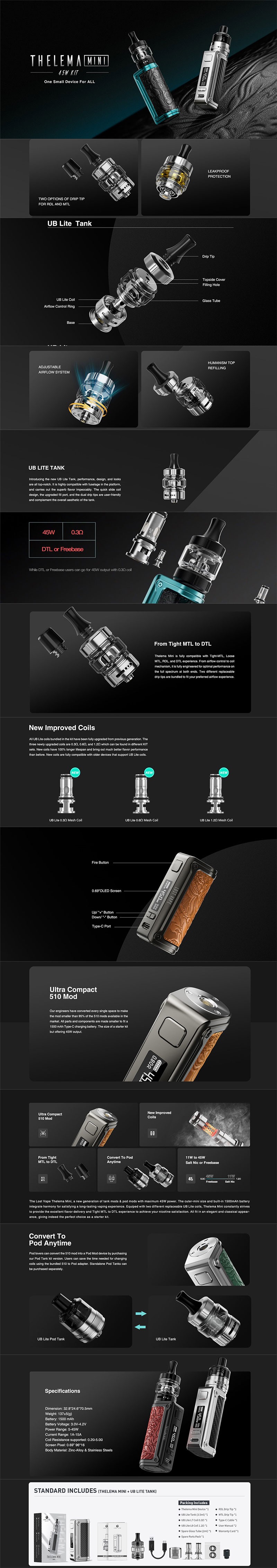 Buy Authentic Lost Vape Thelema Mini 45W Box Mod Kit with UB Lite Tank ...