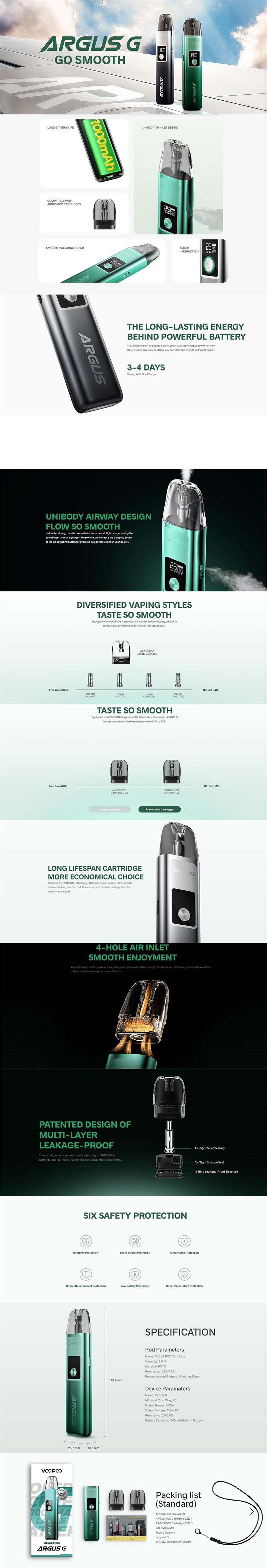 Buy Authentic VOOPOO Argus G Pod System Kit 1000mAh 2ml Racing Green